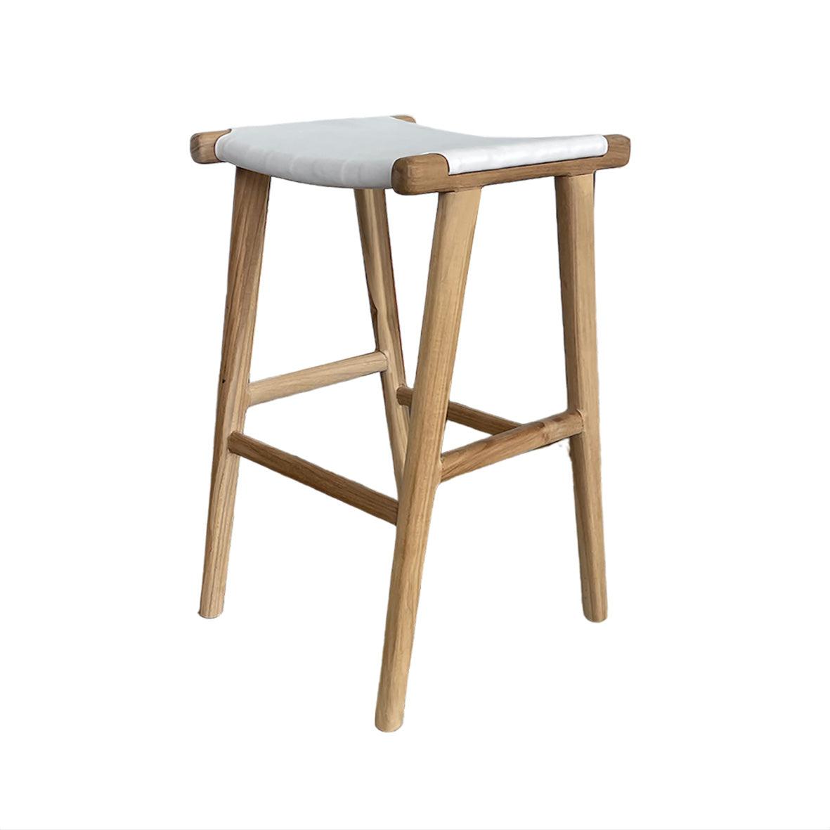 White Leather and Teak Scandi Bar Stool