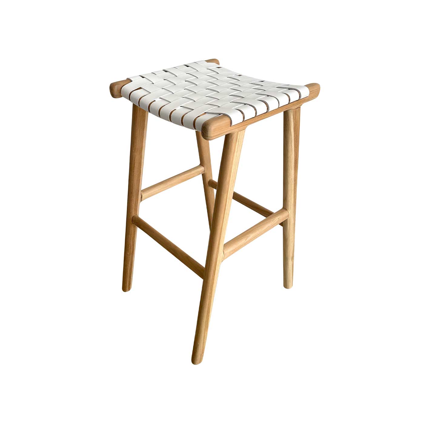 White Woven Leather and Teak Scandi Bar Stool